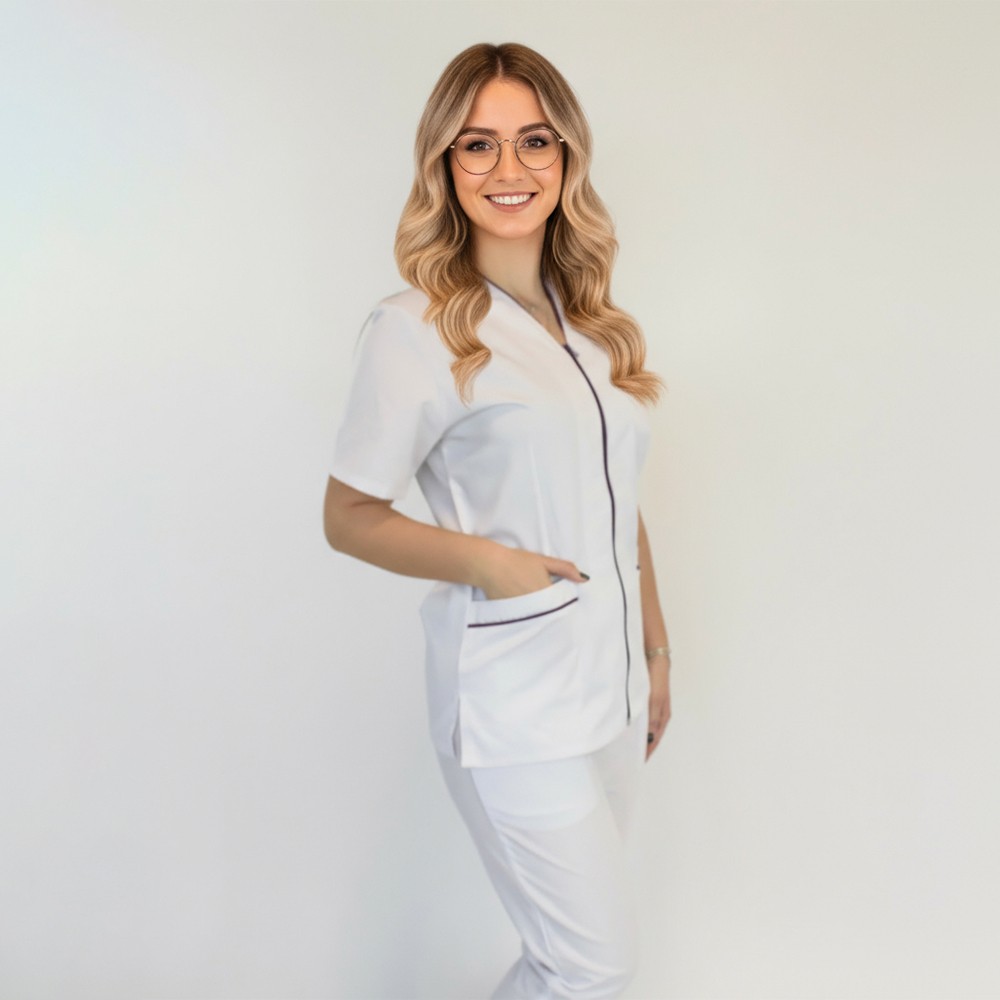 Bluza in V cu fermoar, maneca scurta si paspol mov, Lotus 2, alb