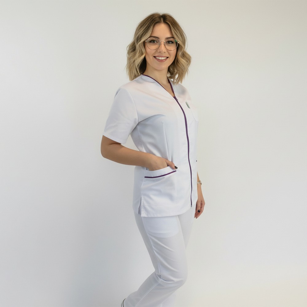 Bluza in V cu fermoar, maneca scurta si paspol mov, Lotus 2, alb